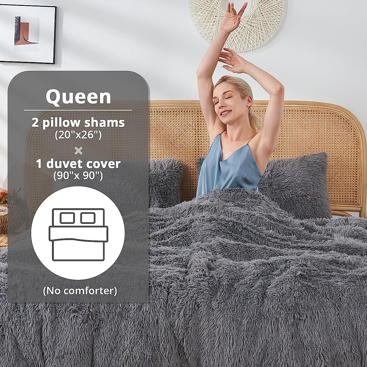 Sasttie Fluffy Duvet Cover Queen Size, 3 Pieces Shaggy Fuzzy Queen Duvet Cover Set, Grey Flannel Plush Faux Fur Duvet Cover with Zipper Closure, Corner Ties, 2 Pillowshams (90x90 Inch)