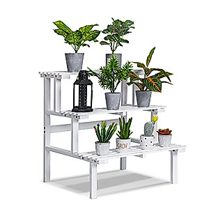 MoNiBloom 3 Tier Stair Style Wood Plant Stand, Flower Pot Display Rack Stand Holder for Indoor Outdoor Patio Lawn Balcony Garden Lawn Home, White