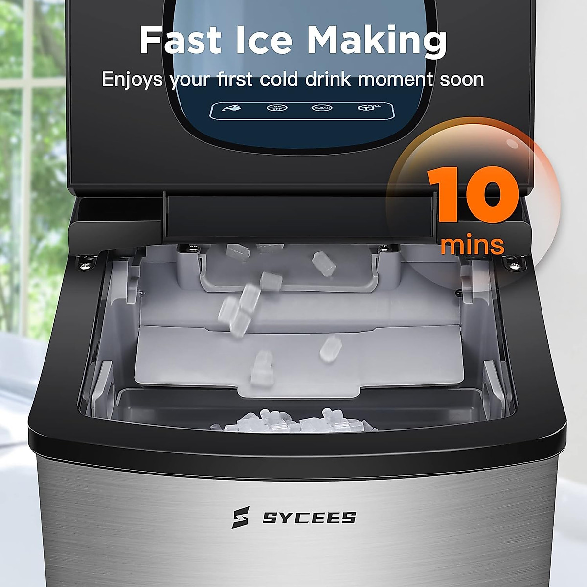 SYCEES Nugget Ice Maker for Countertop, 33lbs/24h, Sonic Ice Ready in 10 Mins, 5lbs Ice Storage, Self-Cleaning Function, Touch Control, Stainless Steel Pellet Ice Machine for Home Kitchen, Bar, Office