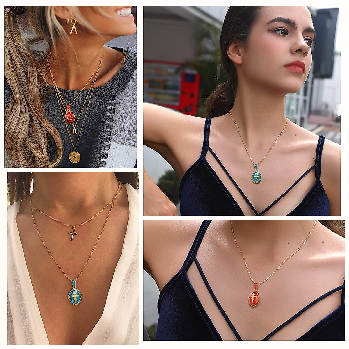 U7 Orthodox Cross Pendant 18K Gold Plated Red Enamel Locket Necklace for Women Men