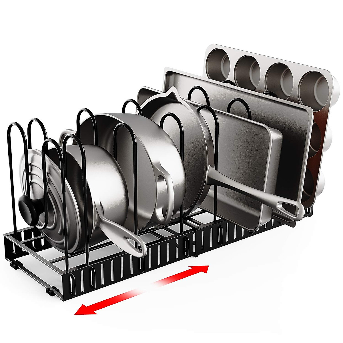 GeekDigg Adjustable Plastic Pot Lid Organizer, Black, 15.7 x 10.2 Inches, Expandable