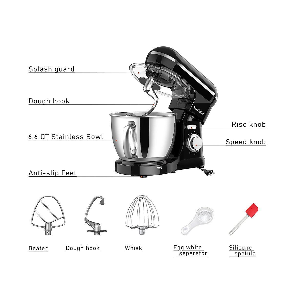 Kitchen Stand Mixer, 6.5 Qt Mixing Bowl, 660W 6+P Speeds Tilt-Head Food Mixers,Kitchen Electric Stand Mixer with Dough Hook, Wire Whip, Beater((Black)