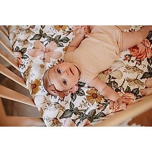 Fitted Crib Sheet (Mini Size) - Garden Floral (White) Design, Woven 100% Cotton for Baby Girl Infant Nursery Bedding and Bassinet Mattress Cover Inspiration by Mini Wander