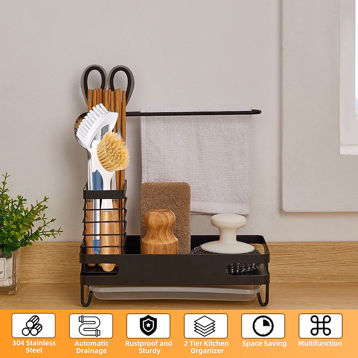 Kitchen Sink Caddy Organizer, Sponge Holder for Kitchen Sink Stainless Steel Dish Cloth Hanger & Basket Brush Holder with Removable Drain Tray for Kitchen Sink Accessories