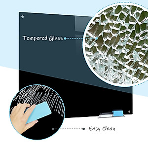 Magnetic Black Glass Board with Eraser Frameless Tempered Glass Dry Erase Blackboard with Marker Tray for Interactive Office, Wall Mounted Frosted Black Glass Board, 48" x 36"
