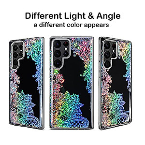Coolwee Clear Glitter for Galaxy S23 Ultra - 6.8 inch, Thin Flower Slim Cute Crystal Lace Bling Women Girl Floral Hard Back Soft TPU Bumper Protective Cover for Samsung S23 Ultra Mandala Henna