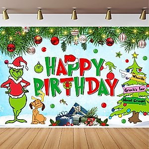 Christmas Birthday Party Decorations, 5x3 Ft Happy Birthday Backdrop for Kid Party Supplies Happy Birthday Banner Cartoon Themed Party Decorations Photography Background