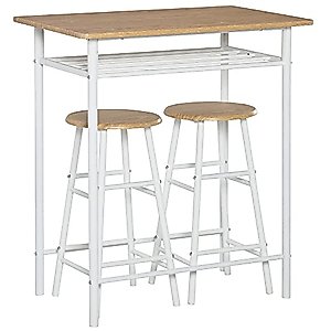 HOMCOM 3 Piece Counter Height Bar Table and Chairs Set, Space Saving Dining Table with 2 Matching Stools, Storage Shelf Metal Frame Footrest, White, Oak