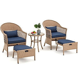 ECOTOUGE 5-Piece Patio Furniture Set, Outdoor Wicker Conversation Bistro Set with Glass Tempered Coffee Table, 2 Rattan Curved Armchairs, 2 Footrests for Porch, Backyard, Balcony, Blue