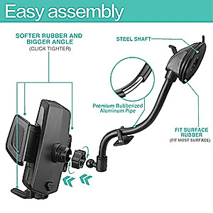 IRUNME Car Phone Mount, Dashboard Windshield Car Phone Holder with 9 Inches Gooseneck Long Arm, Strong Sticky Gel Suction Cup, Anti-Shake Stabilizer Compatible All iPhone ,Galaxy, Moto