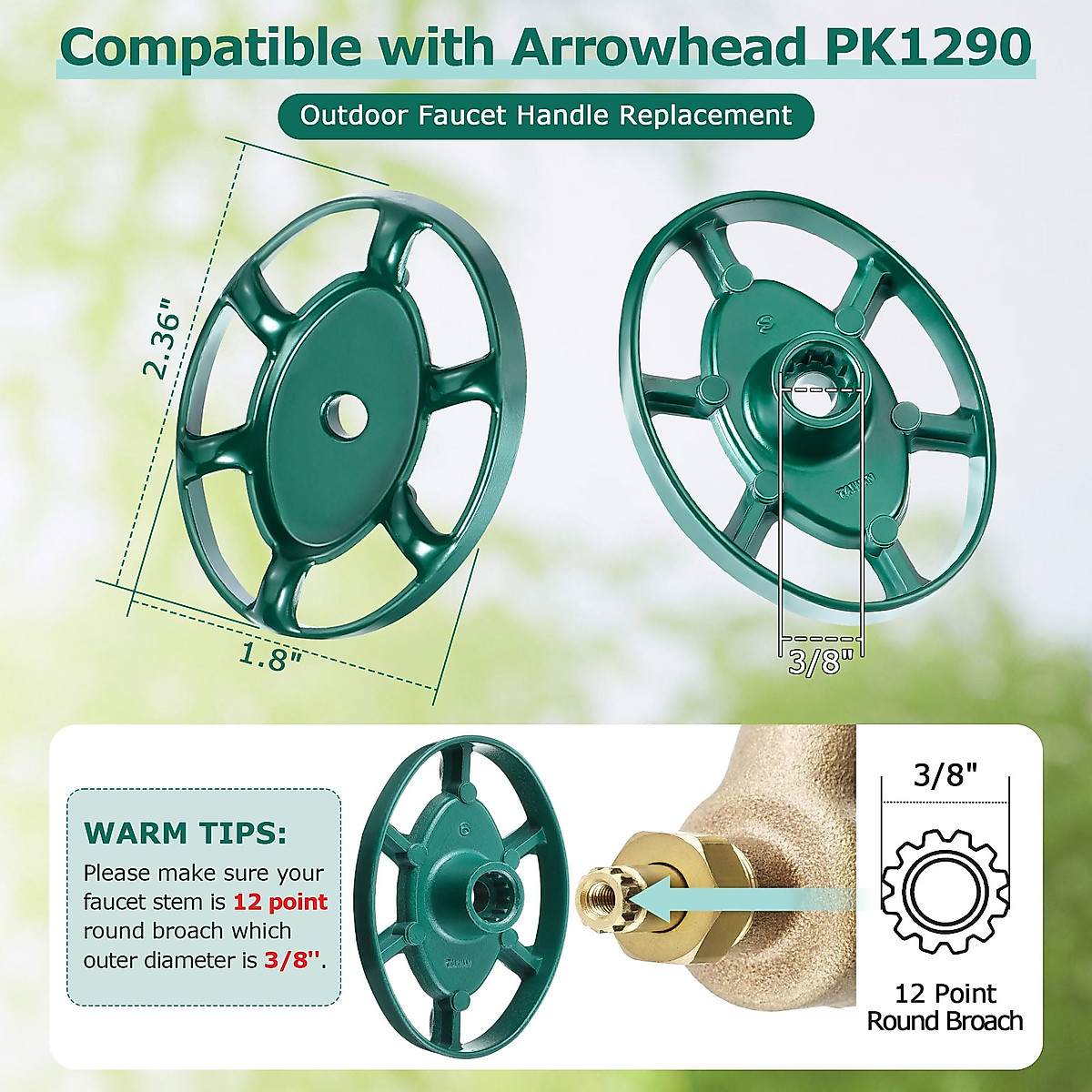 Dreyoo 2 Pack Outdoor Faucet Handles, Oval Spigot Handles Compatible with Arrowhead PK1290, 12 Point Faucet Knob for Outside Hose Bibb, Garden Valves and Frost Proof Wall Hydrants (Green)