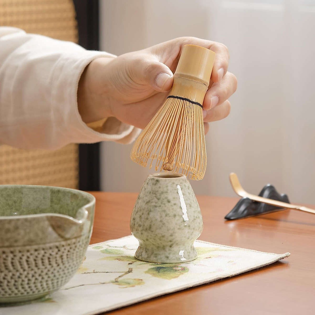 DWEHIXBUY Japanese Matcha Ceremony Accessory, Matcha Whisk, Traditional Scoop (Chashaku), Tea Spoon, Whisk Holder, 1 tea bowl, 1 tea siev, The Perfect Set to Prepare a Traditional Cup of Matcha.