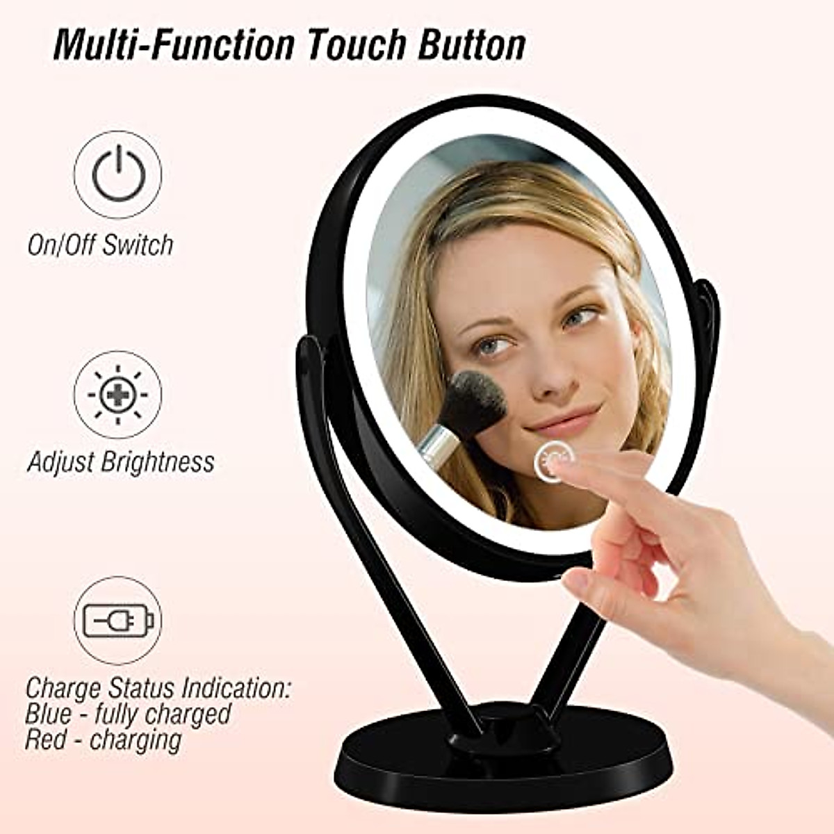 Aesfee Double-Sided 1x/7x Magnification LED Makeup Mirror with Lights, Lighted Vanity Magnified Mirror USB Chargeable, Touch Sensor Control 3 Light Settings Illuminated Countertop Mirrors - Black
