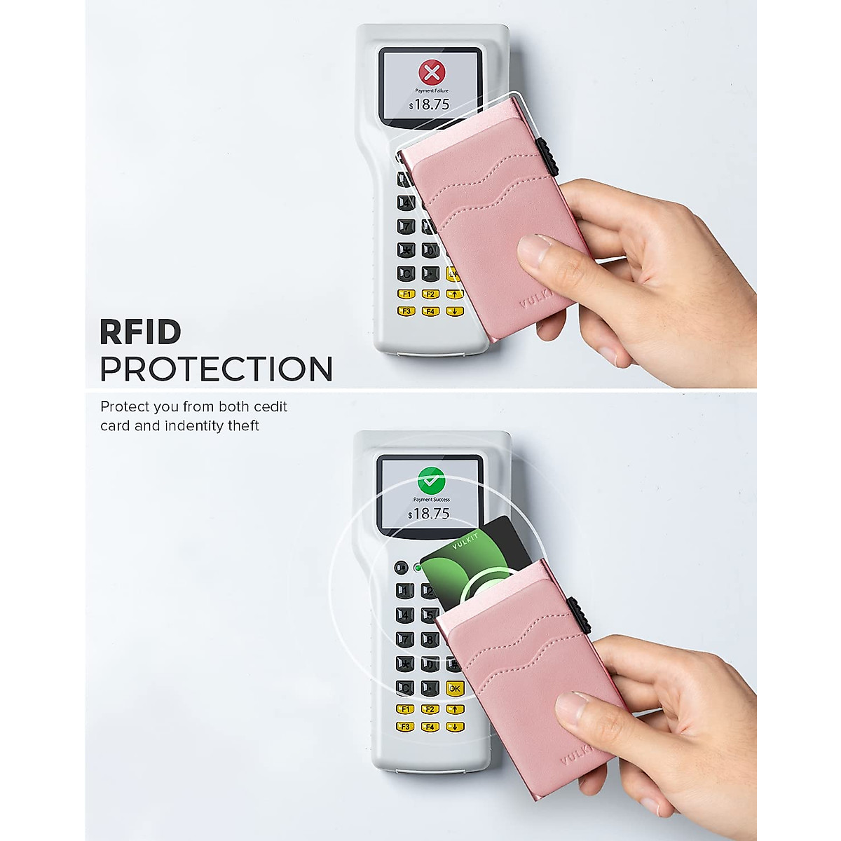 VULKIT Credit Card Holder Minimalist Slim Pop Up Wallet with Leather Slots RFID Blocking for Men and Women Holds 7 Cards and Notes Rose