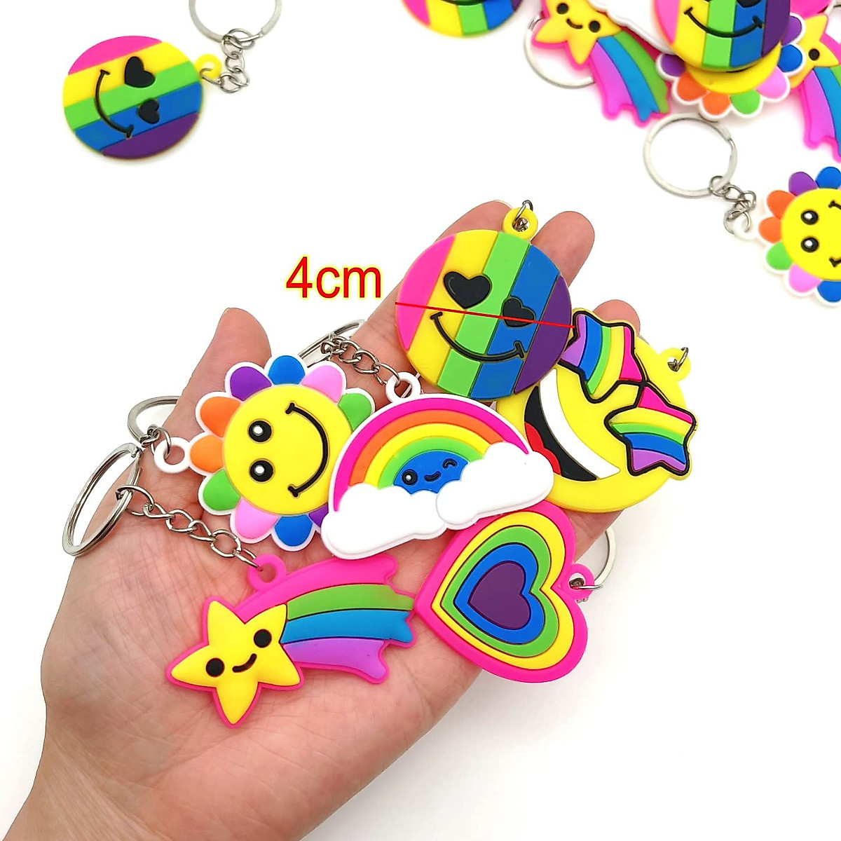 JZK 30 Pcs Rainbow keyrings set for kids, rubber smile face keychains for children birthday party favours, kids party bag fillers thankyou gift