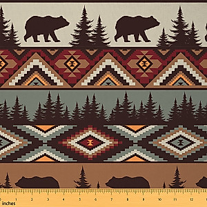 Erosebridal Rustic Bear Fabric by The Yard,Western Aztec Upholstery Decorative Fabric,Farmhouse Hunting Animal Indoor Outdoor Fabric,Woodland Trees DIY Waterproof Fabric,Beigh Black,2 Yards