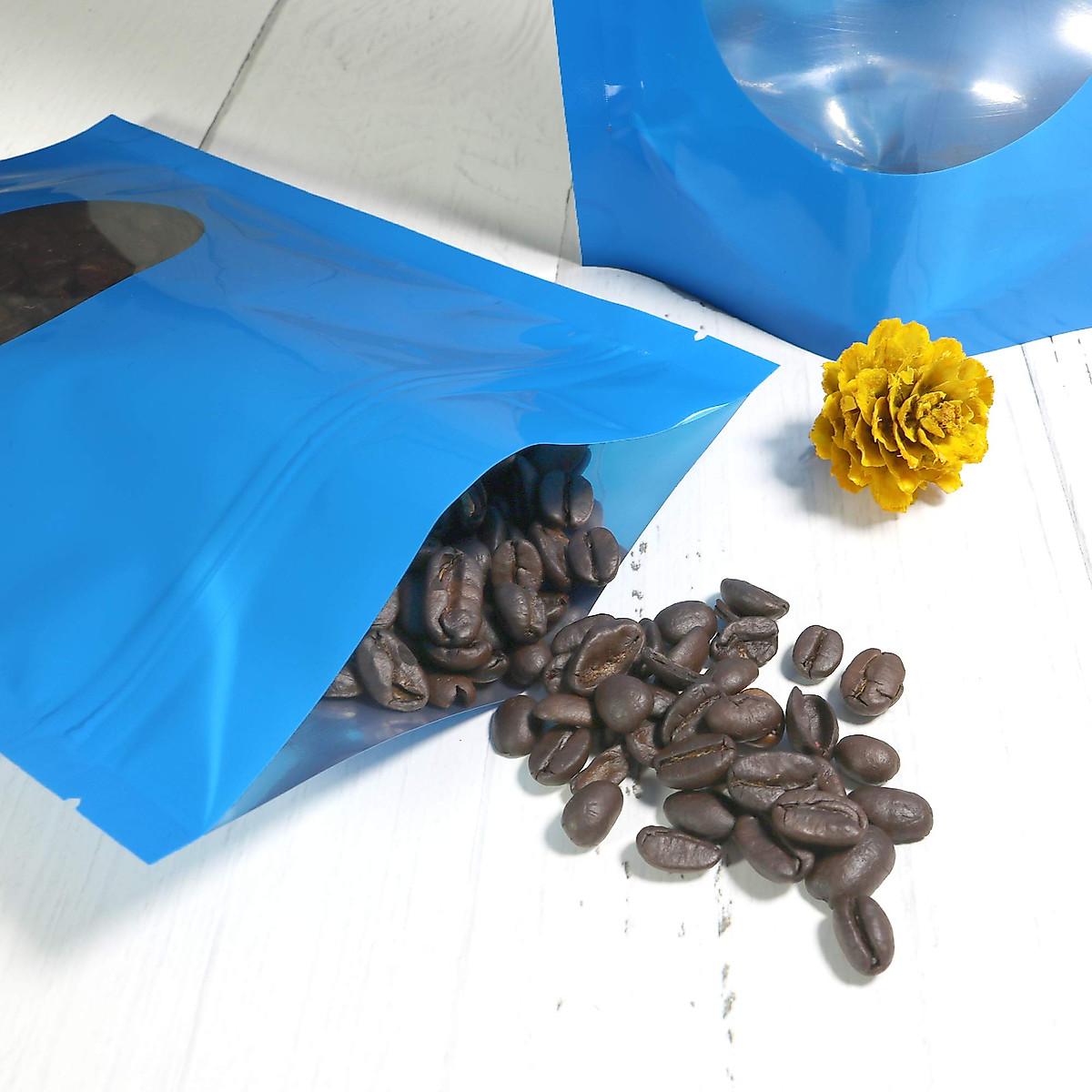 Double-Sided Matte/Glossy Color with Clear Round Window Stand-Up Pouch (100 Bags/Pack) (4" x 6.3", Glossy Blue)