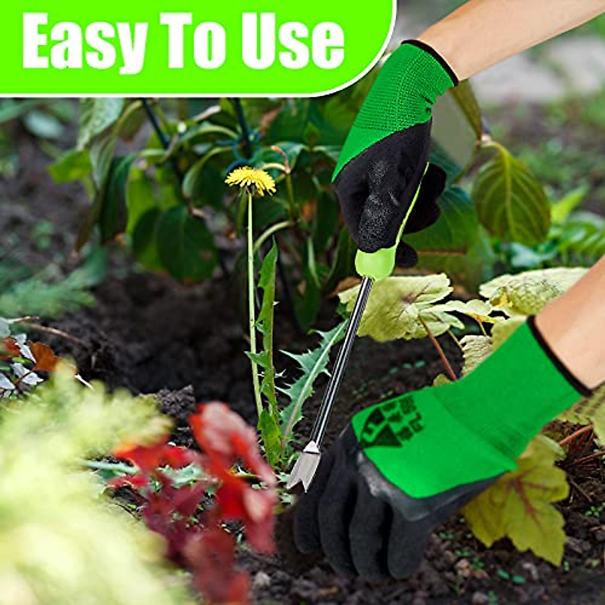 Weed Puller Tool Garden Hand Weeder Tool Hand Weeder Dandelion Weeder Tool with Ergonomic Handle Stainless Steel Weed Puller with Gloves for Garden Weed Removel, Manual Weed Puller Bend