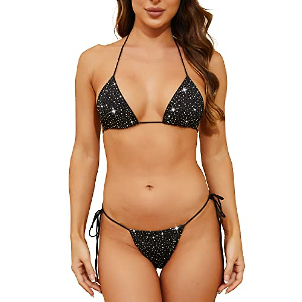 Oneheekini Sexy Bling Bikini for Women Sequin Sparkly Swimsuits Shiny String Crystal Rhinestones Thong Bikini (Black)