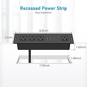 Type-C Recessed Power Socket, 20W PD Fast Charging USB-C QC3.0 3A USB-A Power Strip, Plug in 4 Outlets & 2 USB-A Ports &1 USB-C Port,Connect Flat Plug 6.5ft Extension Cord Black