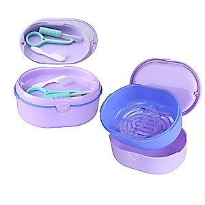 Large Denture Bath Case Cup Box Holder Storage Soak Container， Retainer Case,Mirror Orthodontics Mouth Guard Case,Suitable for Dentures, Partial Dentures, Chews and Removal Tool with Braces（Purple）…