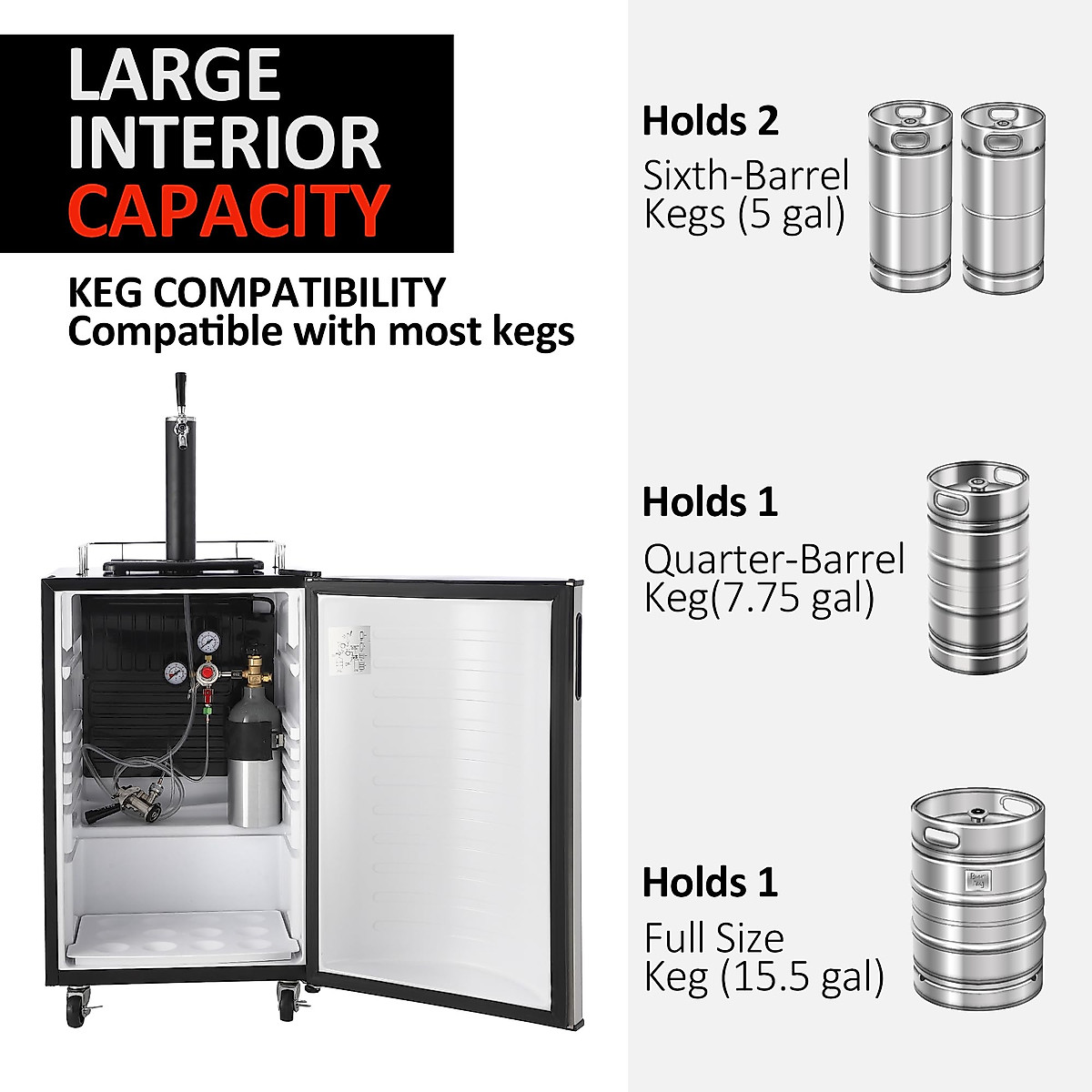 Beer Kegerator, Single Tap Draft Beer Dispenser, Full Size Keg Refrigerator With Shelves, Stainless Steel, Drip Tray & Rail,silver