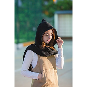 Elufly Women Winter 3 in 1 Hooded Hat Scarf Wrap Shawl Crochet Knit Pullover Neckwarmer (black)