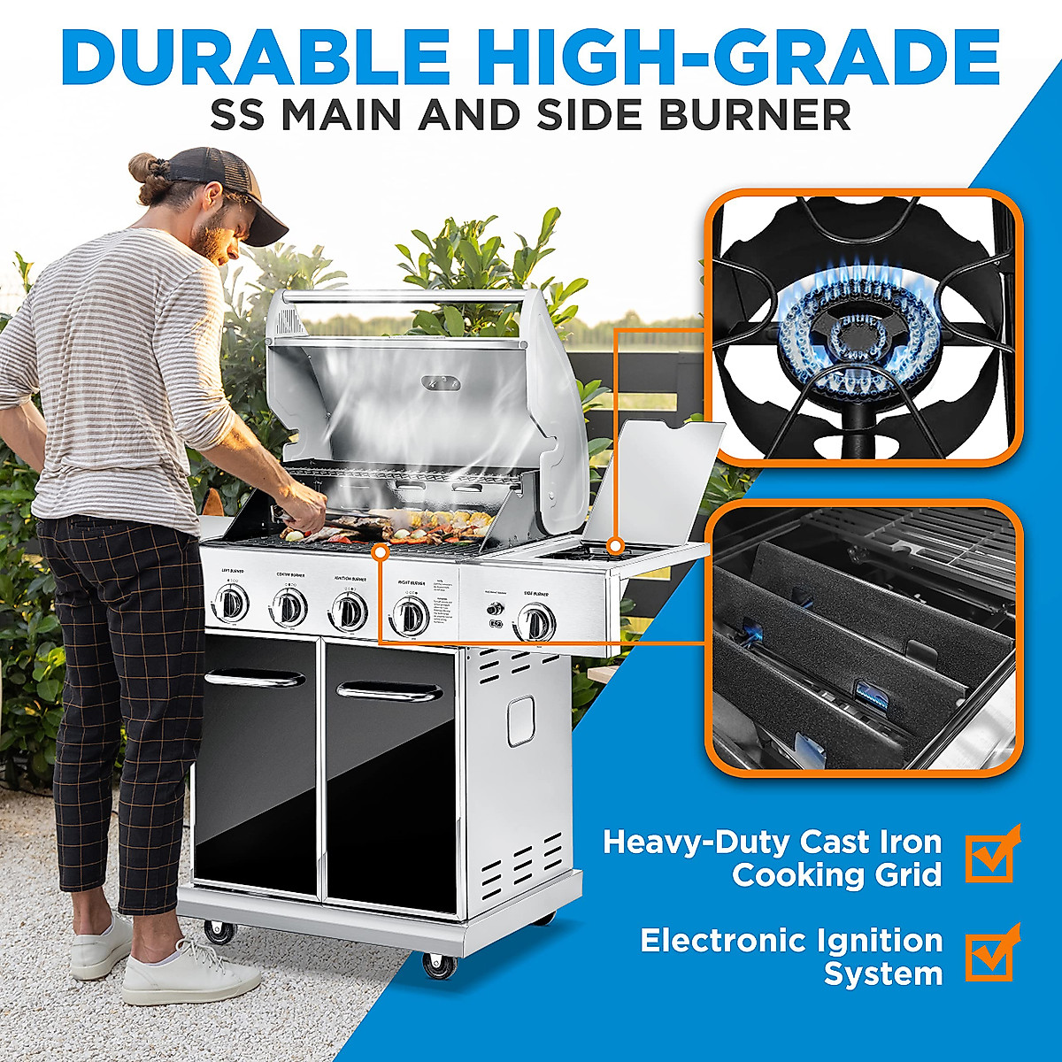 NutriChef 52,000 BTU 5-Burner Stainless Steel Propane Gas Grill with Portable Design, Electronic Ignition, Built-in Thermometer and Heavy-Duty Construction