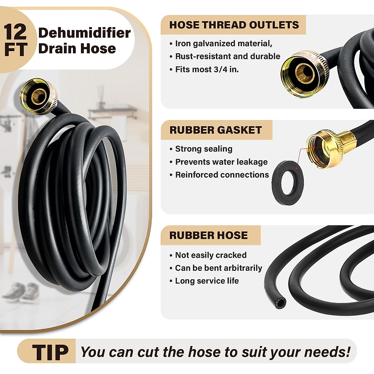 Dehumidifier Drain Hose, 3/4 Inch FHT, 12 Feet with Brass Rustproof Connector Hose for Most of Dehumidifiers (12ft)