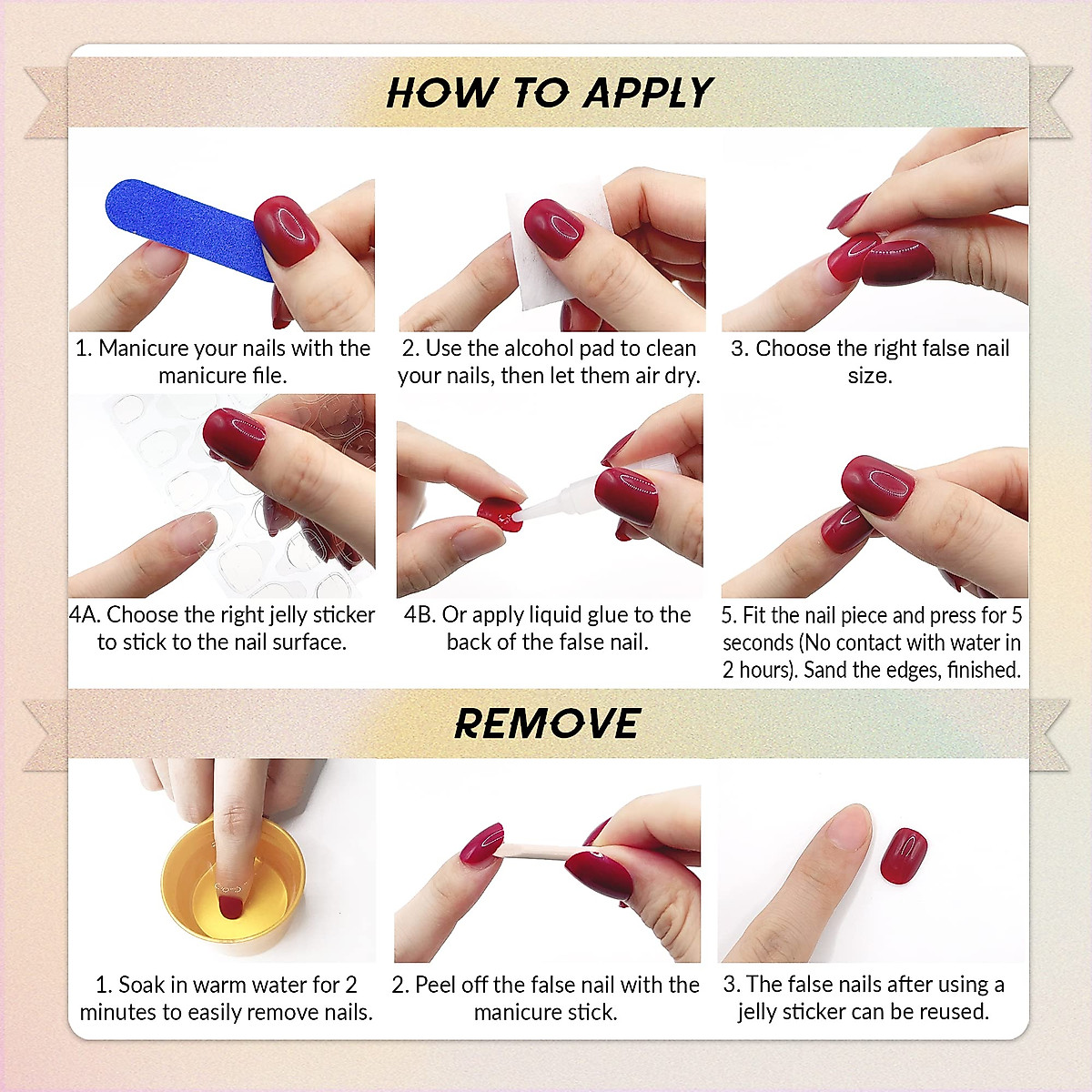 Qsnidy Press on Nails Square - White French Pink Fake Nails Medium Glossy Acrylic Full Cover Glue on Nails for Women and Girls, Natural Fit Stick On Nails in 12 Sizes - 24 Nails Kit