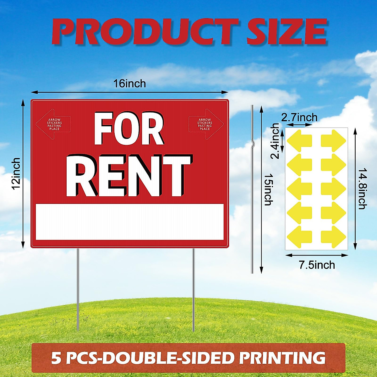 Soaoo 5 Pack 12 x 16 Inch for Rent Sign with Stand Double Sided Yard Sign Stands Corrugated Plastic Lease with Directional Arrow Sticker House Car Rental Supplies