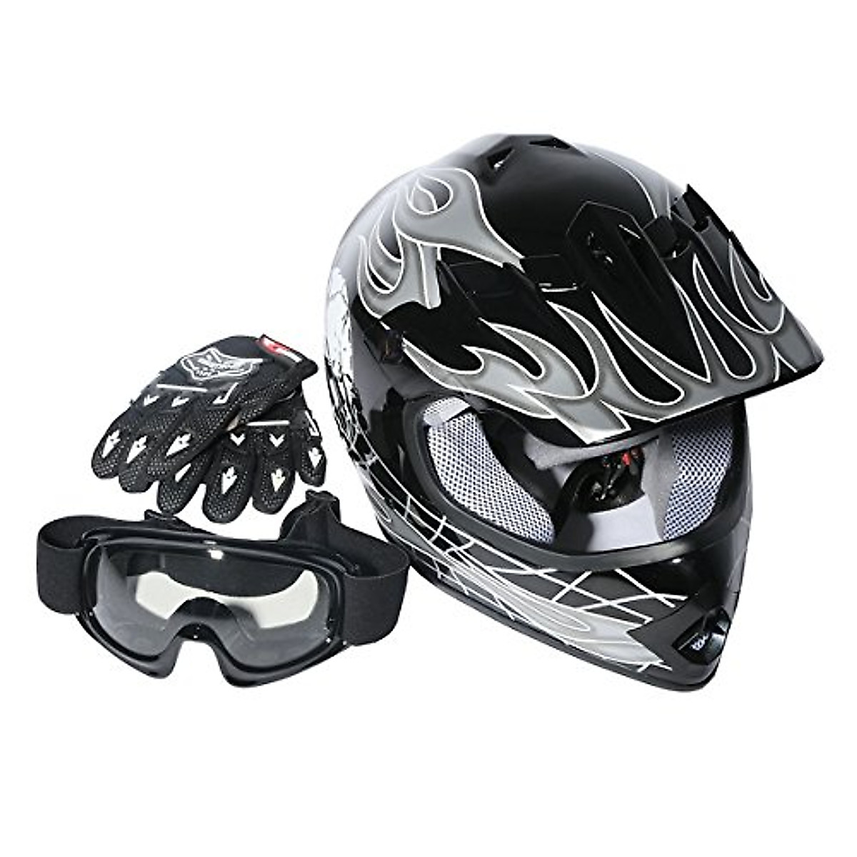 Tengchang DOT Youth Kids ATV Motocross Dirt Bike Black Skull Helmet w/Goggles+Gloves(L)