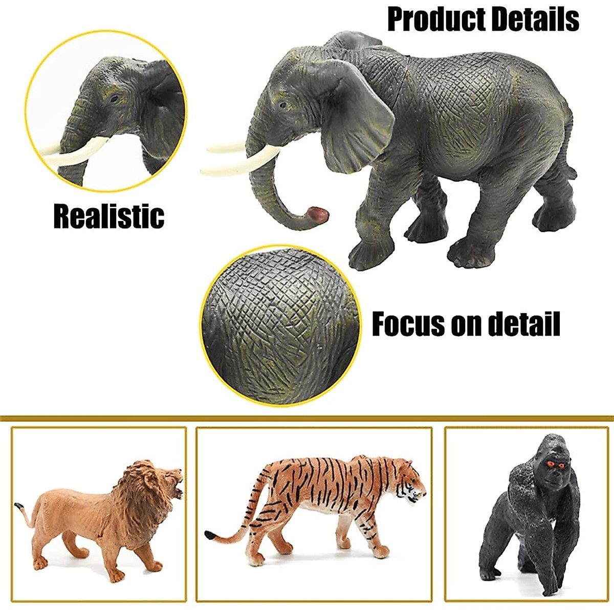 65PCS Safari Animal Figurines Toy Set, Realistic Jungle Zoo Figures with Elephant, Lion, Giraffe, Fence, Building Blocks for Kids Ages 3-8