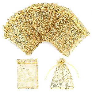 Staruby Organza Gift Bags 100Pcs Gold Sheer Organza Bag 4x6 Inch Mesh Favor Bags Drawstring Jewelry Rattan Printed Gift Pouches for Wedding Party Favors Baby Shower Christmas Gifts Candy Bags