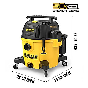 DEWALT 9 Gallon STEALTHSONIC Ultra Quiet Poly Wet/Dry Vacuum, DXV09P-QTA Newest Noise Reduction Vac, Heavy Duty Shop Vacuum for Jobsite/Workshop, Reduce Motor Noise, Yellow