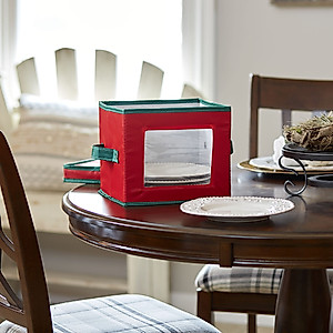 Household Essentials 534RED Holiday China Dinnerware Storage for Salad Plates or Bowls | Removable Lid | Red Canvas with Green Trim