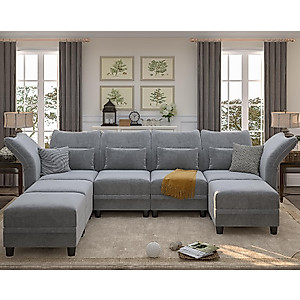 LLappuil Chenille Sectional Couch U Shaped 7 Seater Deep Modular Sectional Sofa with Storage and Adjustable Armrest Backrest, Large Sectional Sleeper Sofa Set, Grey