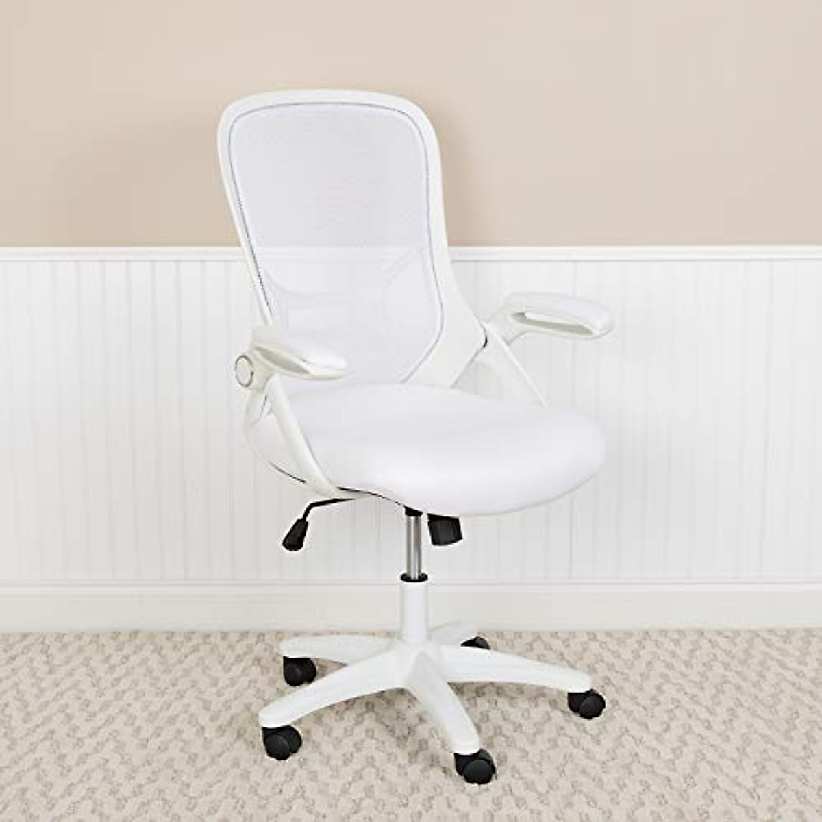 Flash Furniture High Back White Mesh Ergonomic Swivel Office Chair with White Frame and Flip-up Arms 26.5D x 26.5W x 44H in