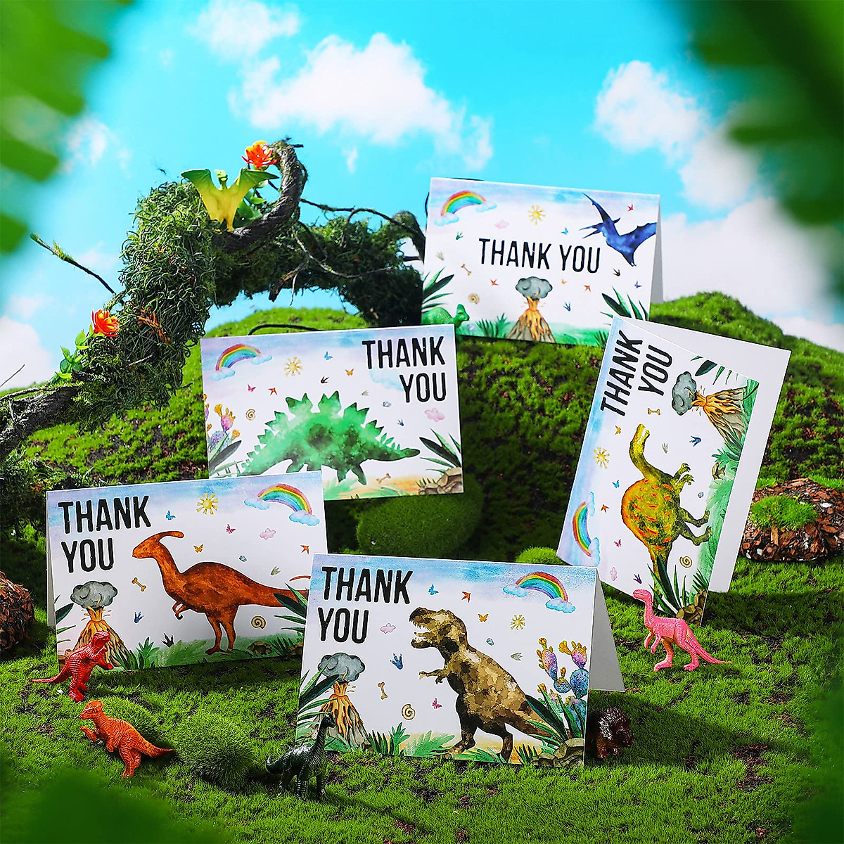 Epakh 40 Pieces Watercolor Dinosaur Thank You Cards with Matching Envelopes and Stickers Jungle Animals Woodland Blank Cards Blank Notes Cards for Birthday Kids Party Baby Shower (Dinosaur Style)