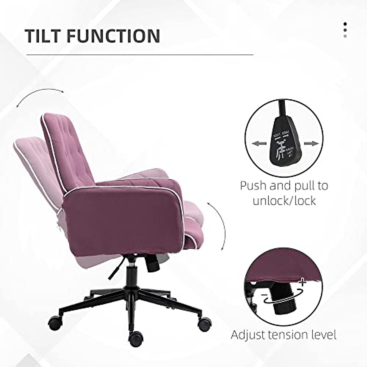 Vinsetto Modern Mid-Back Tufted Spandex Home Office Desk Chair with Adjustable Height, Swivel Adjustable Task Chair with Padded Armrests, Purple