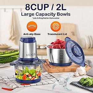 KOIOS 500W Powerful Electric Food Processor with 8 Cup Stainless Steel & Glass Bowls, 2 Speed Mode Electric Food Chopper with 2 Sets Blades Electric Meat Grinder Chopper for Family & Baby Use