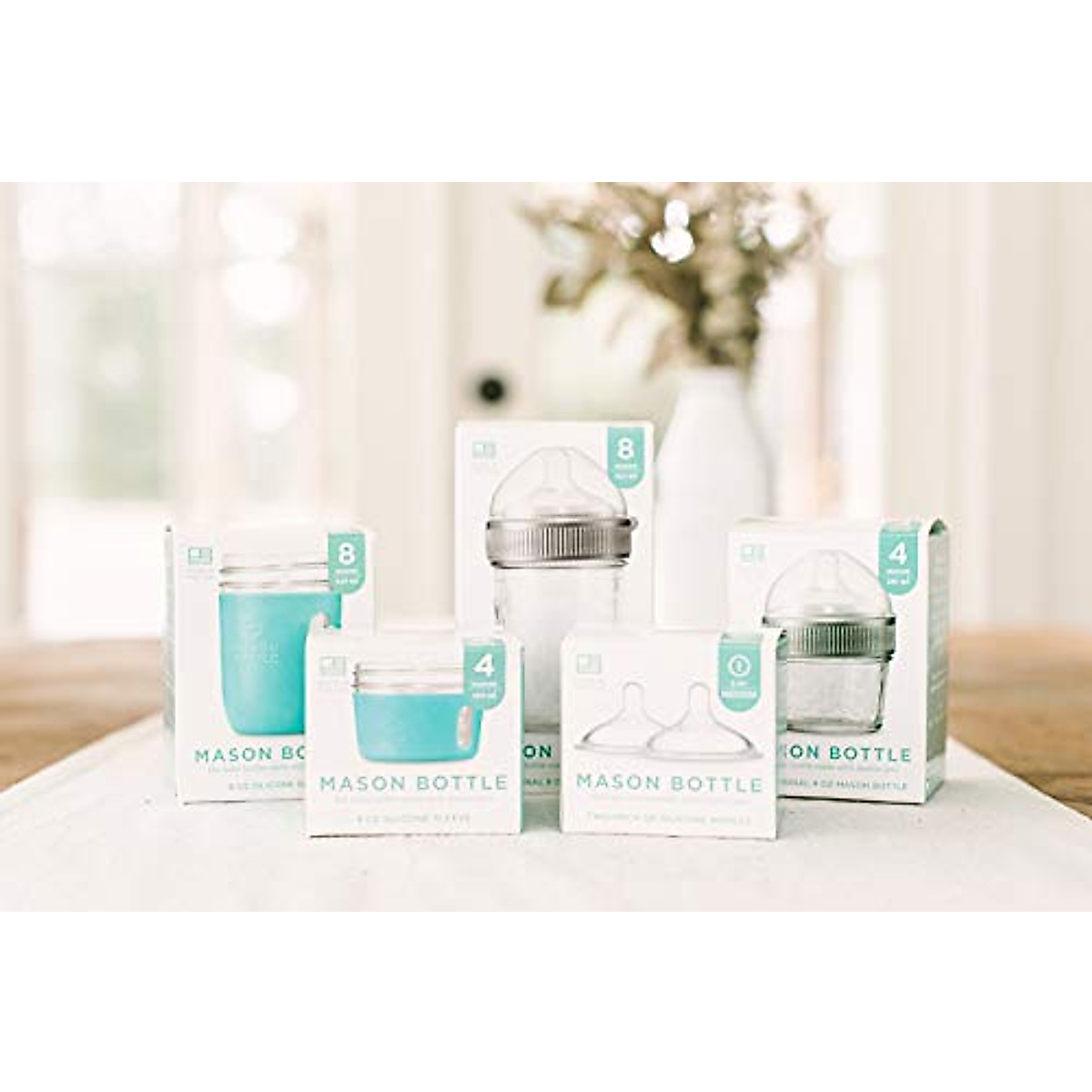 Mason Bottle - The Essential Gift Set: Glass Baby Bottles 4 and 8 Ounce, Silicone Sleeve, Slow-Flow Nipple (2 Pack), Non-Toxic, BPA and BPS Free, 100% Made in The USA (5 Items, Agave)