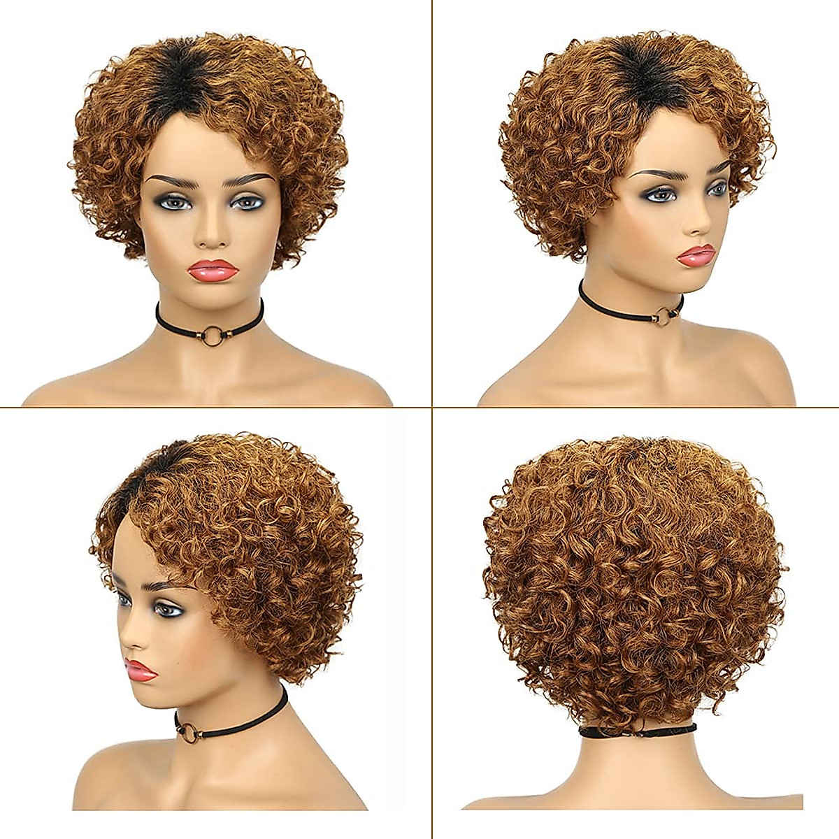 Quantum Love Human Hair Wigs Curly Wave Side Part Wig Short Bob Pixie Cut Brazilian Remy Human Hair Deep Curly None Lace Front Wigs for Women Ombre Black Brown Color