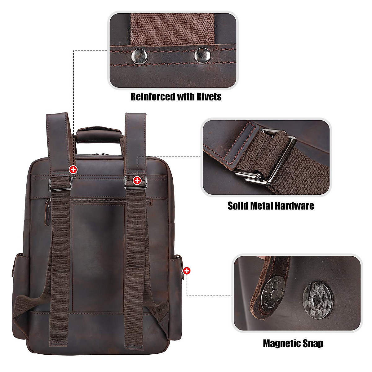 Full Grain Cowhide Leather Multi Pockets 16 Inch Laptop Backpack Travel Bag with YKK Zippers