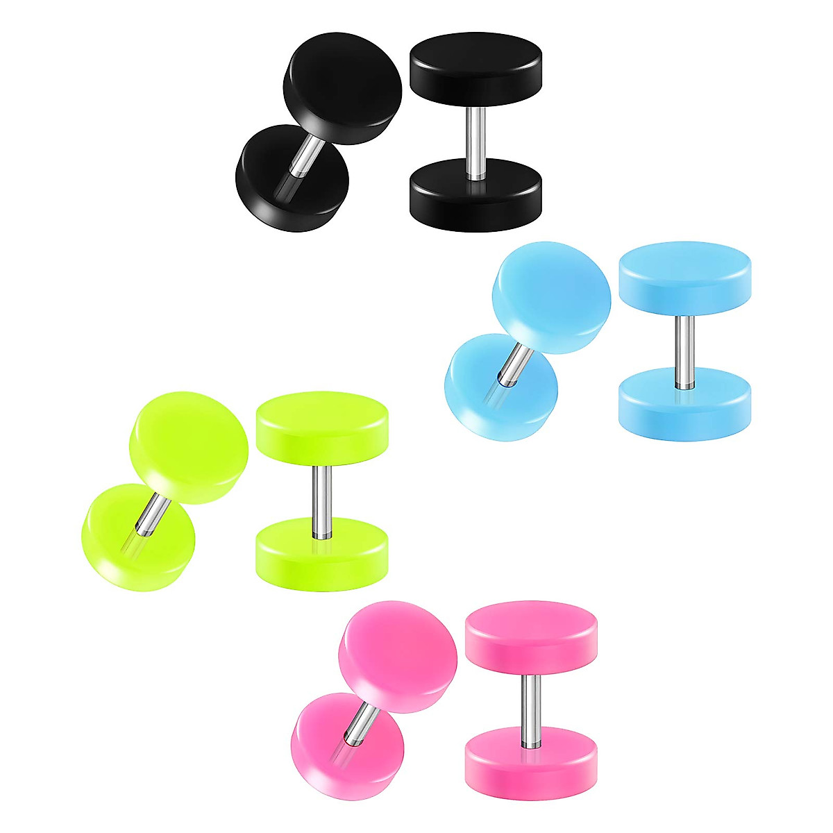 BIG GAUGES 4 Pairs Black Light Blue Green Pink Acrylic 16g Gauge 1.2mm 8mm Fake Plugs Piercing Illusion Cheater Ear Earring Lobe BG7801