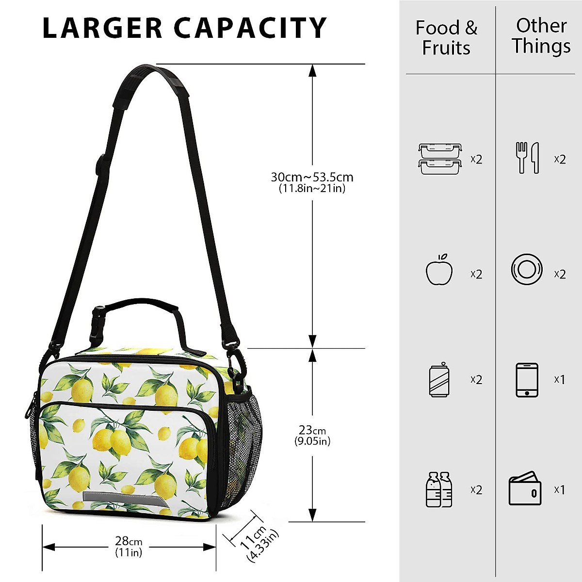VIGTRO Vintage Lemon Spring Lunch Bag, Leak-proof Durable Lunch Box with External Mesh Bottle Holder, Reusable Insulated Lunchbox Tote/Cooler Bag for Kids Age Over 3 Years Old
