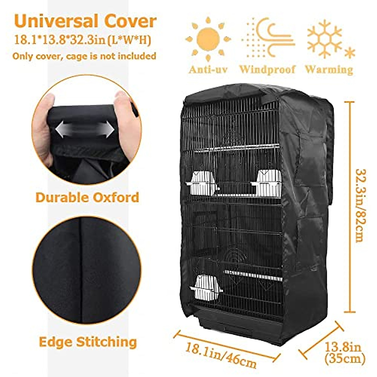 ASOCEA Extra Large Bird Parrot Cage Cover Good Night Birdcage Cover Universal Blackout for Parakeets Budgies Conure Macaw Square Cages - Black ( 18.1Lx13.8Wx32.3H)