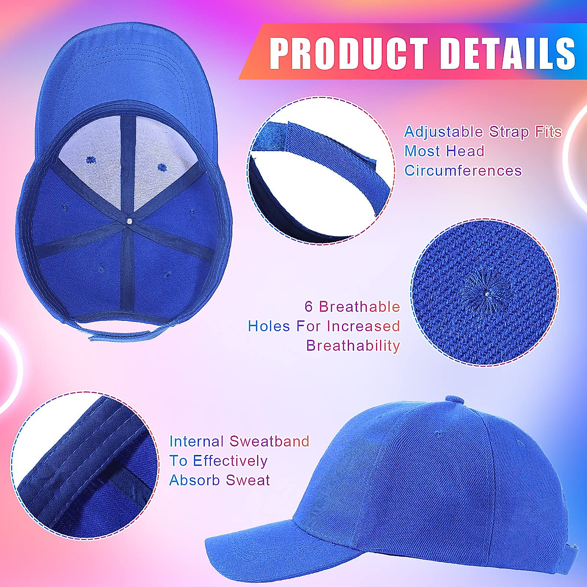 72 Pcs Plain Baseball Caps Bulk Blank Dad Hat Adjustable Back Strap Ball Caps Unisex Golf Hat Solid Color Snapback Cap for Men Women Sports (Multi-Colored)