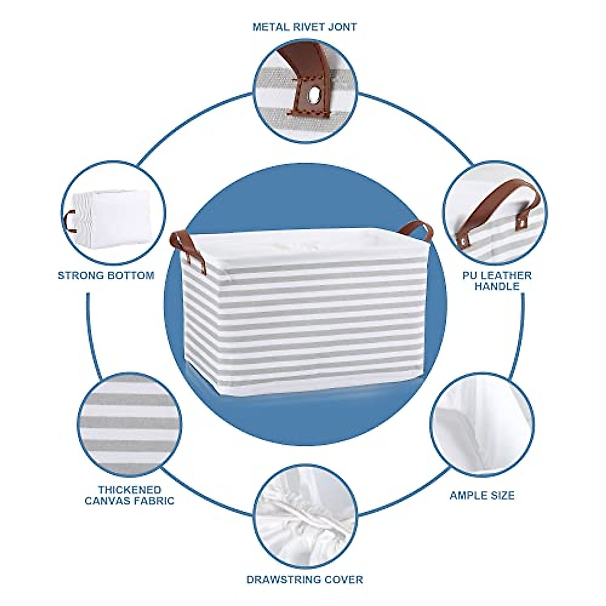 Large Storage Basket organizer Fabric Storage Bin for shelf Closet Organizer Bin Collapsible Storage Box with PU Leather Handles and Drawstring Closure (Waterproof Lining, Grey Stripe)