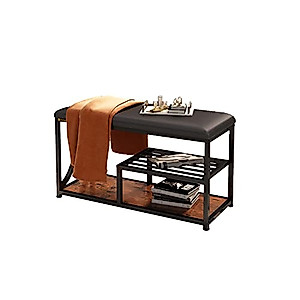 ALISENED Shoe Rack Bench for Entryway with Padded Seat,Industrial Entry Bench with Shoe Storage Shelf for Small Spaces,3-Tier Small Rustic Shoe Rack,Padded Storage Bench，Metal Frame,Space Saving